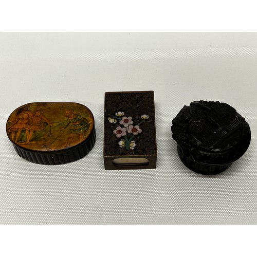 Antique Irish bog oak box with Derry Cathedral, cloisonne matchbox ...