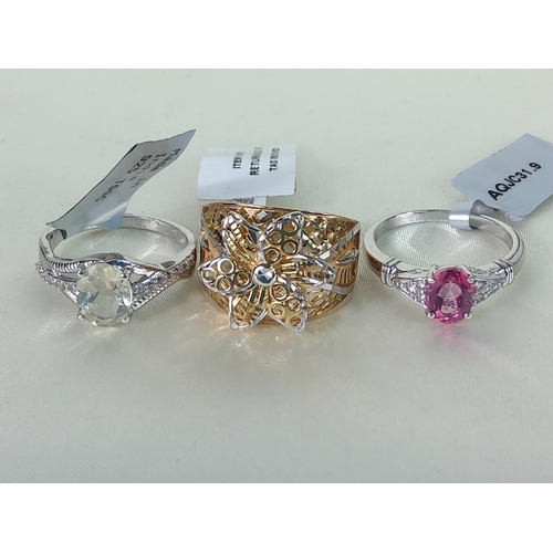 3 stone set silver dress rings, sizes R, R & T