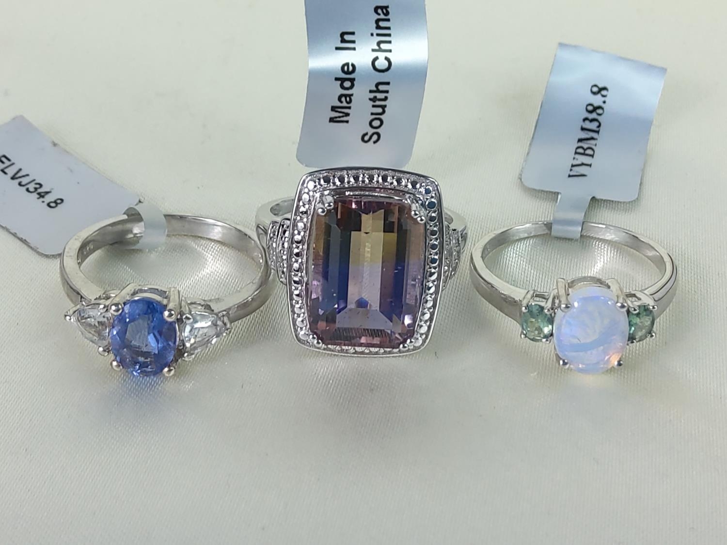 3 stone set silver dress rings, sizes P, P & R