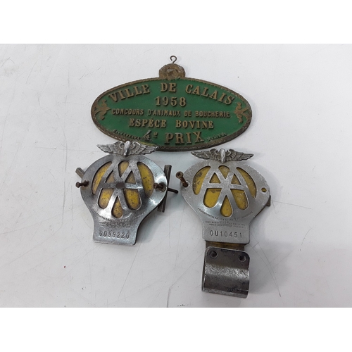 Two vintage AA car badges and a vintage cast metal French agricultural ...