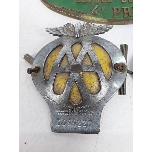 Two vintage AA car badges and a vintage cast metal French agricultural ...