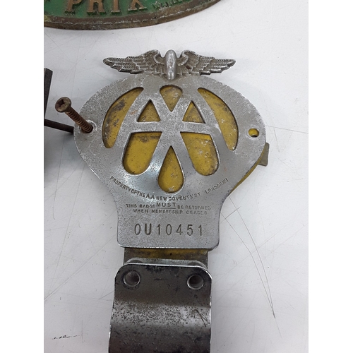 Two vintage AA car badges and a vintage cast metal French agricultural ...