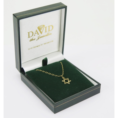 A 14K Gold Star of David Pendant with engine turned decoration on a 9K ...