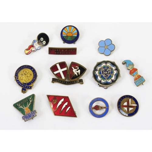 A collection of assorted lapel badges including Golly, Noddy, Butlins ...