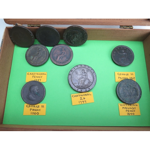 1797 Cartwheel Two Pence, six cartwheel pennies, 1807 penny, etc.
