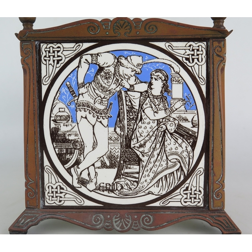 A Victorian metal plant holder with sides decorated with Minton tiles ...