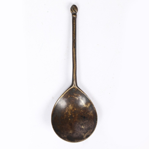 A HENRY VII SMALL LATTEN WRYTHEN-BALL KNOP SPOON, CIRCA 1500. With ...