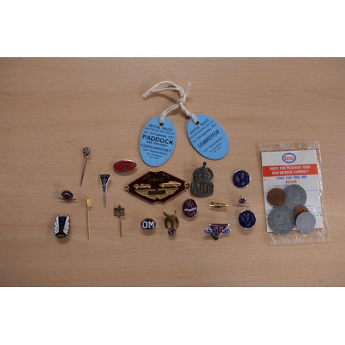 A collection of lapel badges: ARP, VSCC, Bugatti, Mercedes, OM, AMOC ...