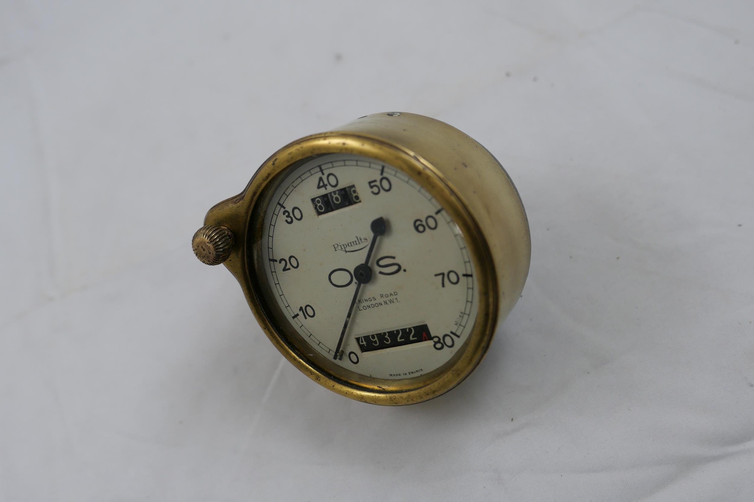 A Ripaults O.S of Kings Road London NW1 80mph speedometer, brass bodied ...