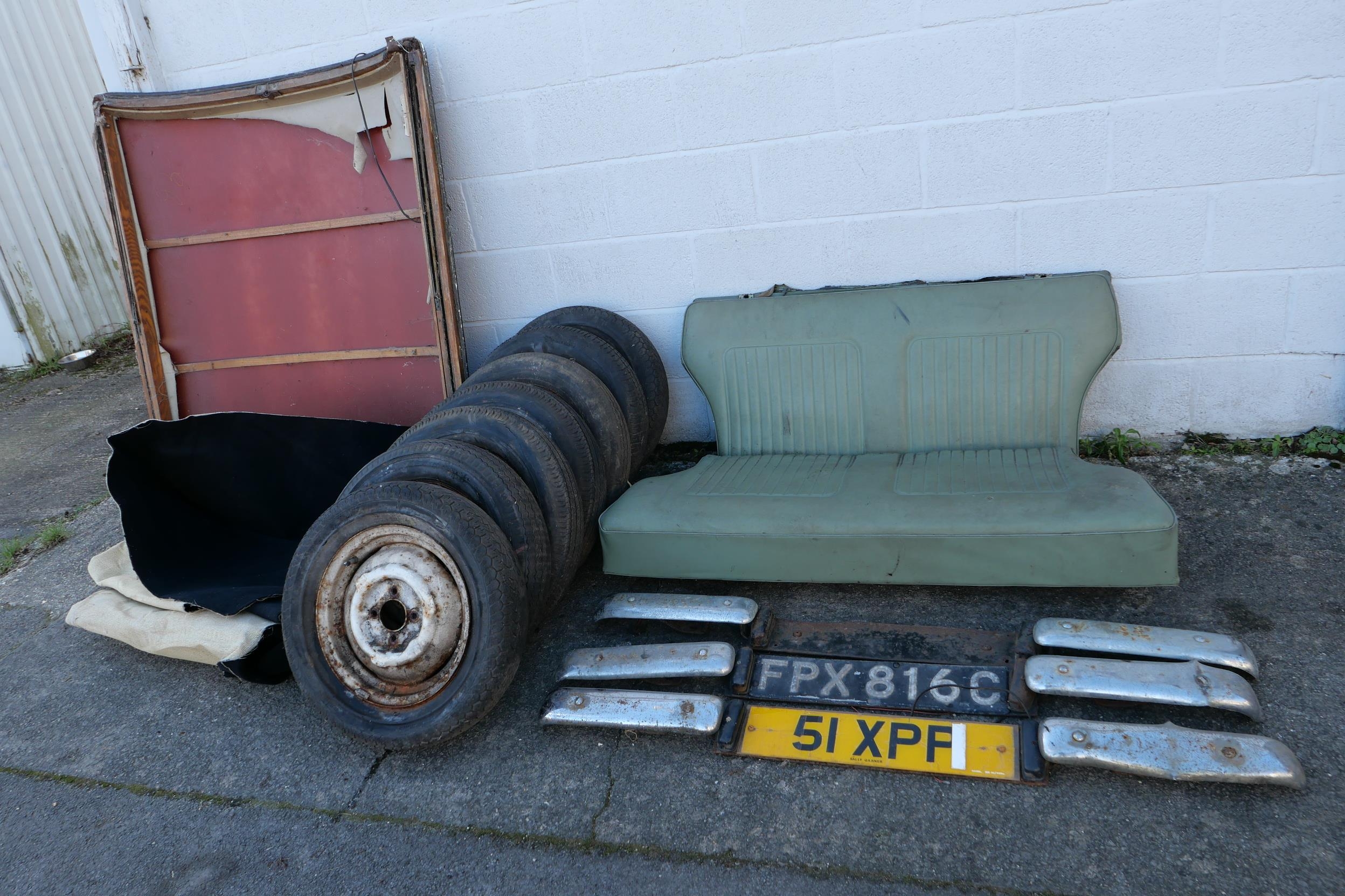 Morris Minor 1000 Traveller spare parts: a roof panel with supports, a ...