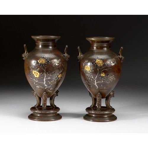 A PAIR OF JAPANESE GILT AND MIXED-METAL INLAY "SPARROW AND CAMELLIA ...
