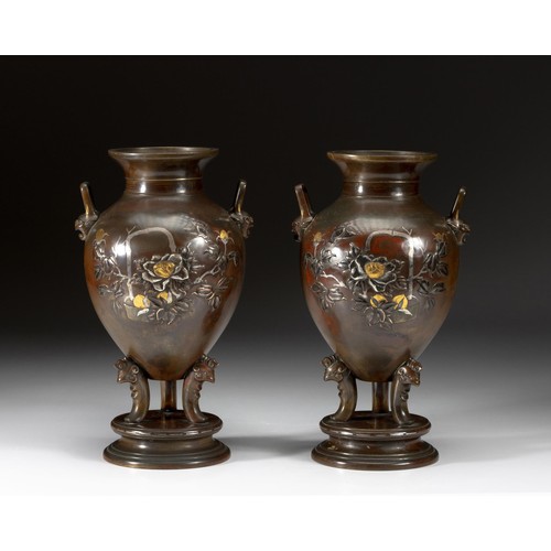A PAIR OF JAPANESE GILT AND MIXED-METAL INLAY "SPARROW AND CAMELLIA ...