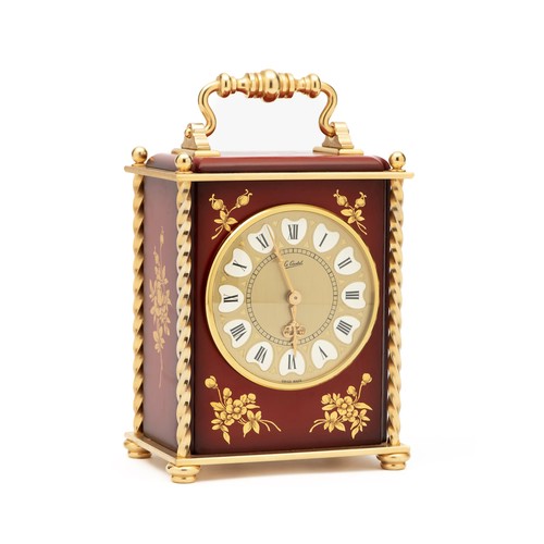 A LE CASTEL HAND PAINTED EBONISED AND BRASS ALARM CLOCK, SWITZERLAND ...