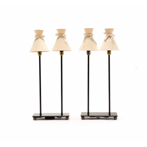 A PAIR OF TWO LIGHT TABLE LAMPS AND SHADES