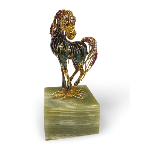 A NATURAL DIAMOND AND RUBY HORSE STATUE