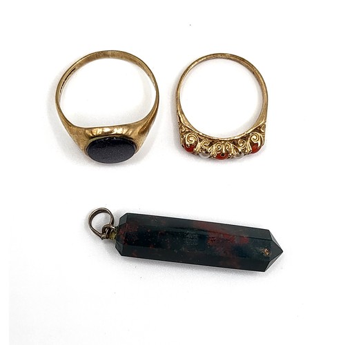 A 9ct yellow gold ring set with blue goldstone, size R, together with a ...