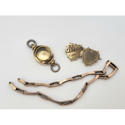 A yellow gold (marks worn) double heart Mizpah pin, a rolled gold watch ...