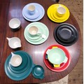 Melaware tablewares in light blue, yellow, black, pale green, dark ...