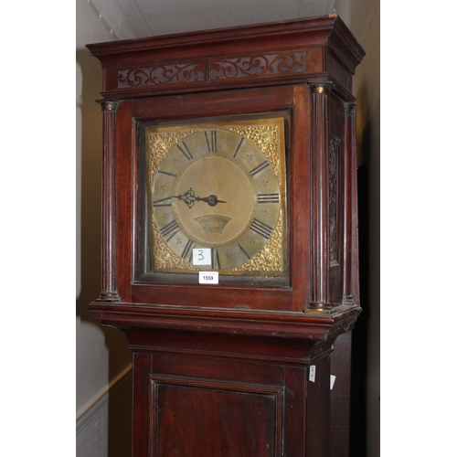 Mahogany longcase clock, the square hood with a blind fretwork pediment ...