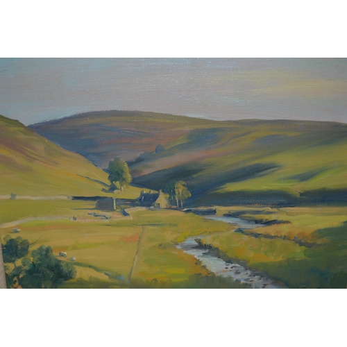 Julian Barrow, oil on canvas, view of a farmhouse in a hilly landscape ...