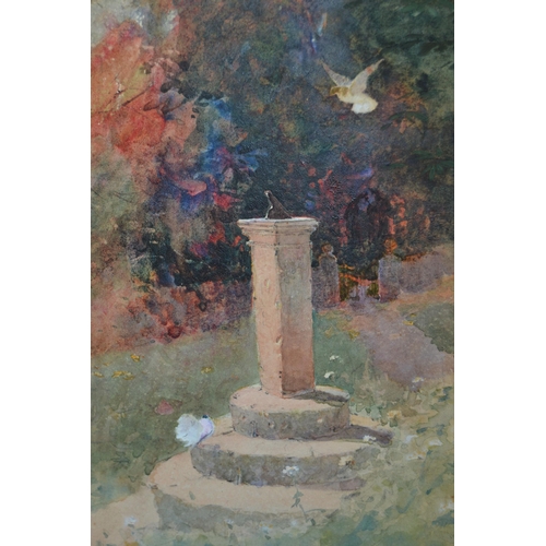 Thomas Mackay, signed watercolour, garden scene with doves by a sundial ...