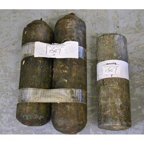 Group of four longcase clock pendulums and three weights