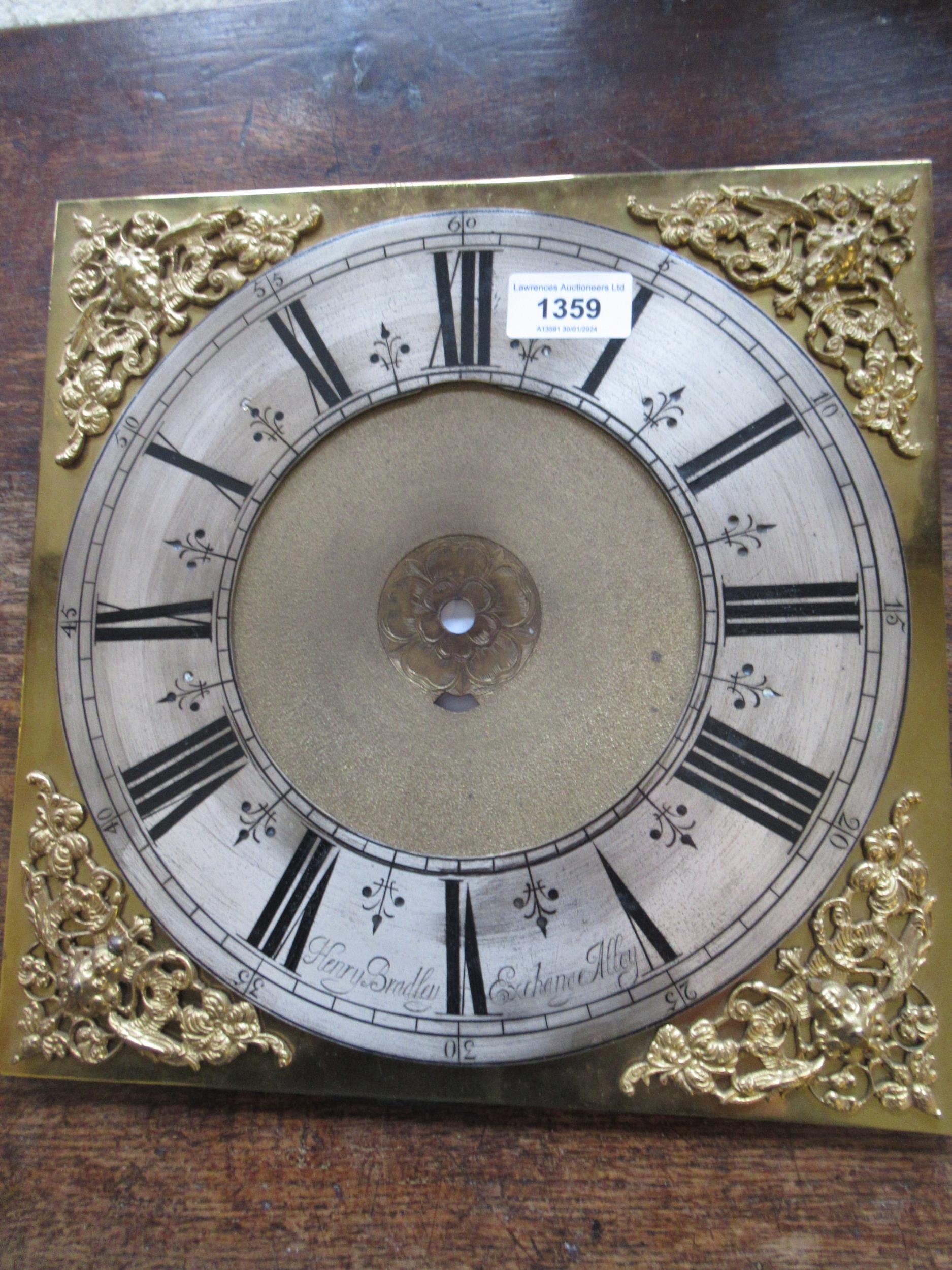 Longcase clock dial, 10.25in square with brass and silvered chapter ...