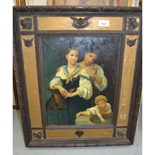 20th Century oil on porcelain panel, female figures with child in an ...