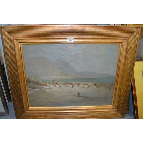 Oil on canvas, impressionist style beach scene with figures and boats ...