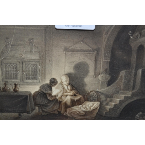 D. Bohm monochrome watercolour, figures in an interior, dated 1841, 12 ...