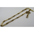 9ct Gold alternating link watch chain with bar and two clips, 38g