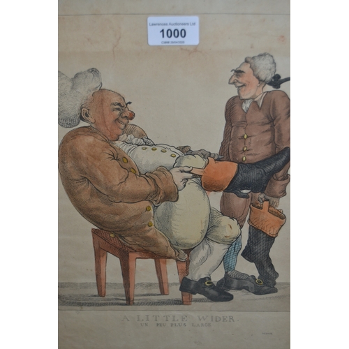 Coloured engraving, ' A Little Wider ', 27 x 23cm, maple framed