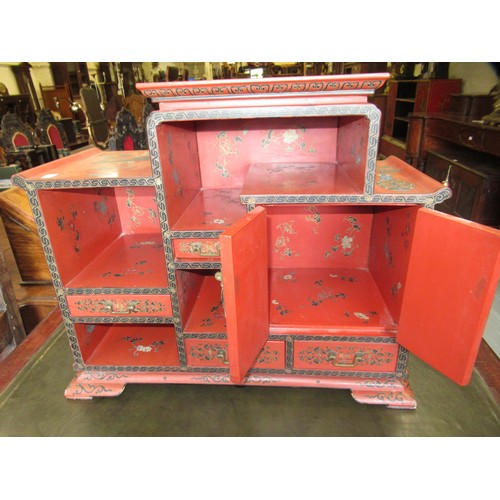 Mid 20th Century Japanese red lacquer table cabinet of asymmetric ...