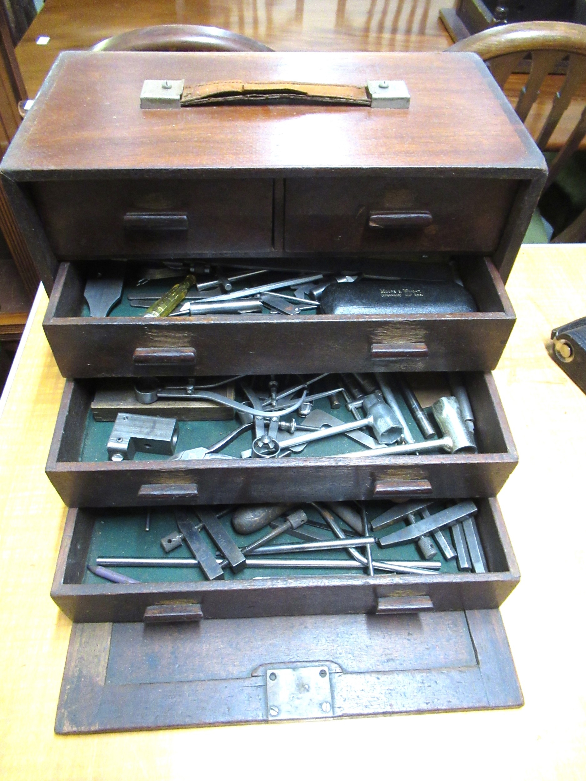 Engineer's wooden tool cabinet with two small drawers and three larger ...