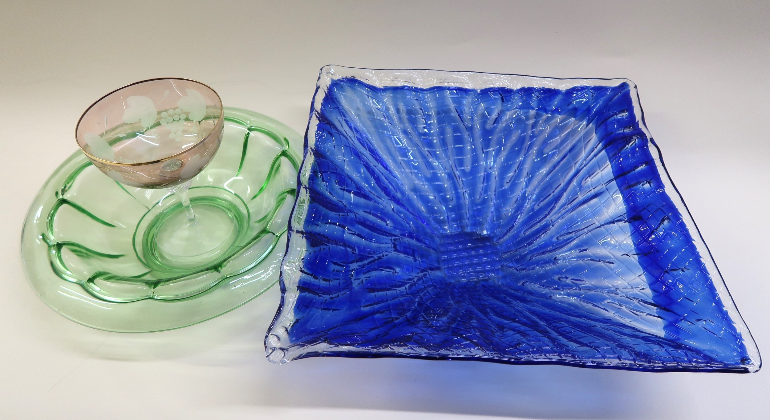 Large blue square studio glass bowl, quantity of other glassware and a ...