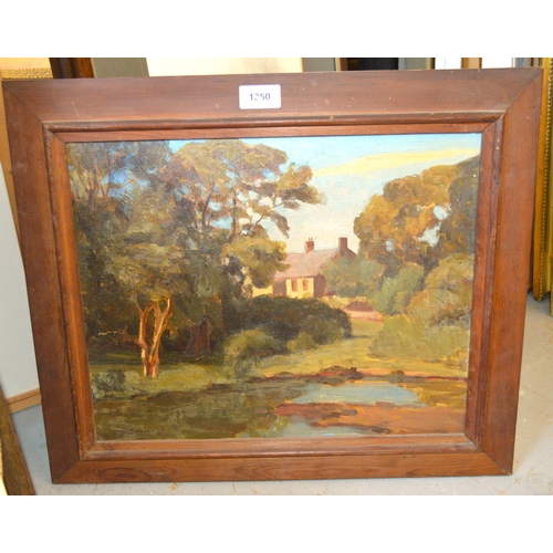 John Simmons, oil on mahogany panel, landscape with dwelling and lake ...