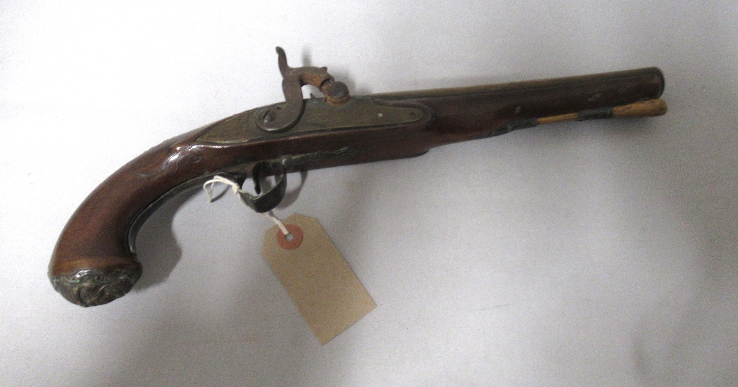 Antique percussion cap pistol with wire inlaid grip, brass barrel ...