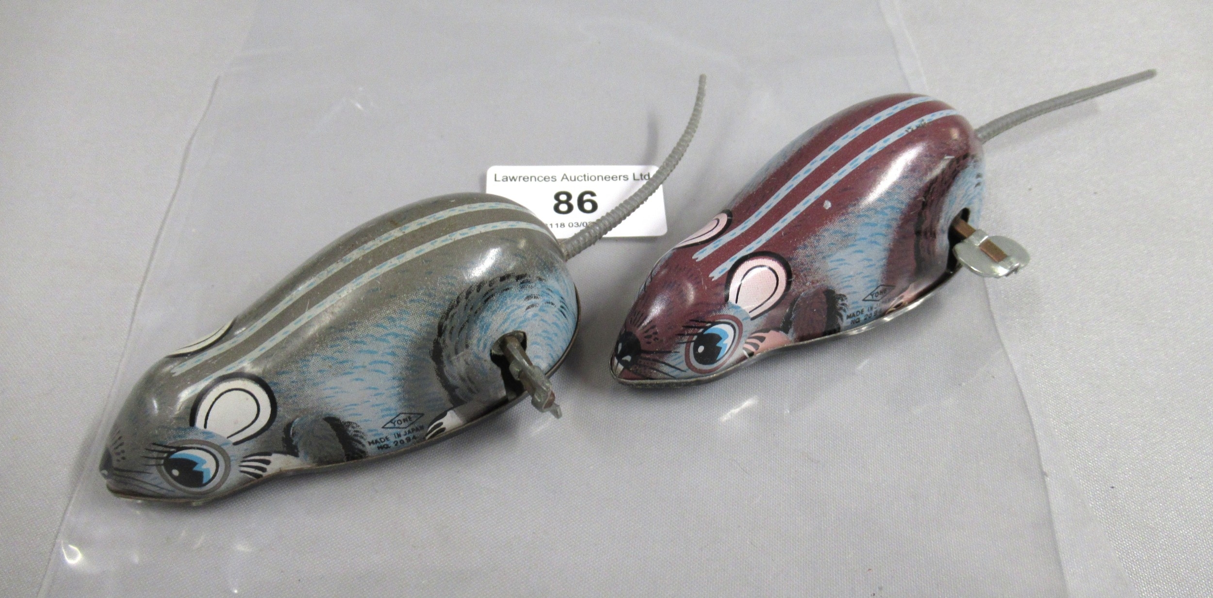 Two vintage mid 20th Century Japanese tin plate clockwork toy mice
