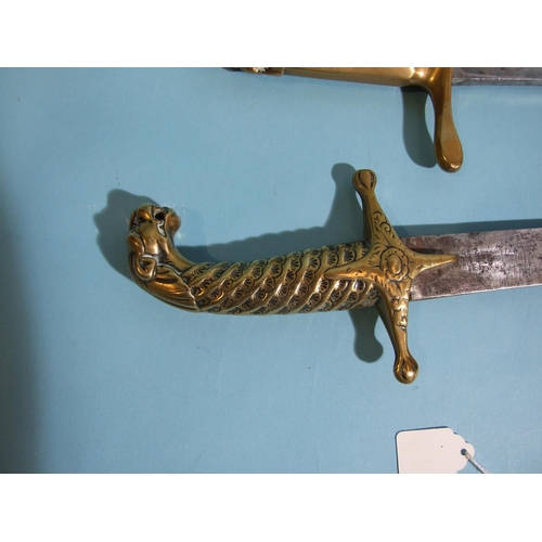 A British Infantry band sword, with solid brass decorated hilt, serpent ...