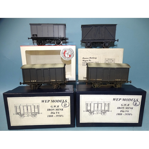 WEP Models, two GWR, Iron Mink, Dia V6 1888-1950's wagons, (boxed), a ...
