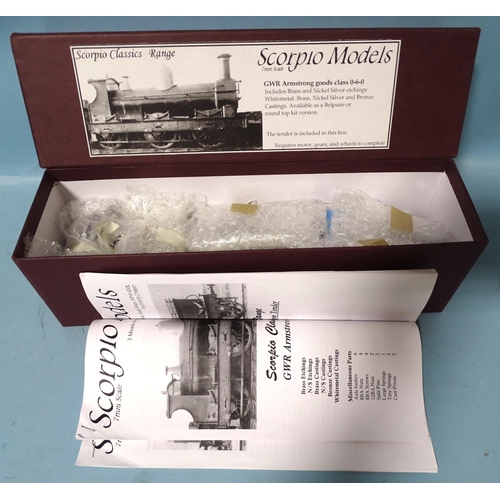 Scorpio Models, an unmade O gauge GWR Armstrong Goods Class 0-6-0 locomotive and tender, contents no