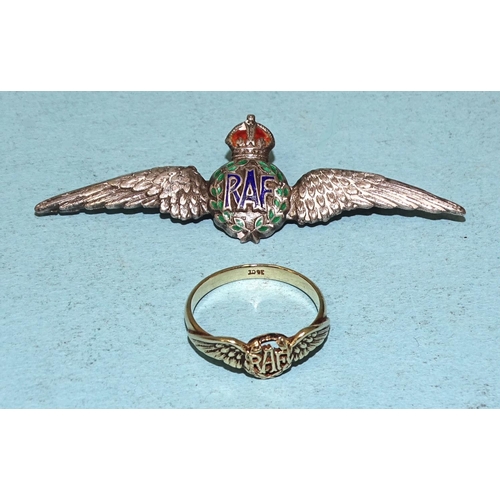 A 15ct gold RAF ring with wing motif, size L, 2.7g and an enamelled ...