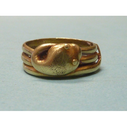 A Victorian snake ring, unmarked, (tests as 15ct-18ct approximately ...