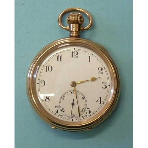 Rolex, a 9ct-gold-cased open-faced top-wind pocket watch, the white ...