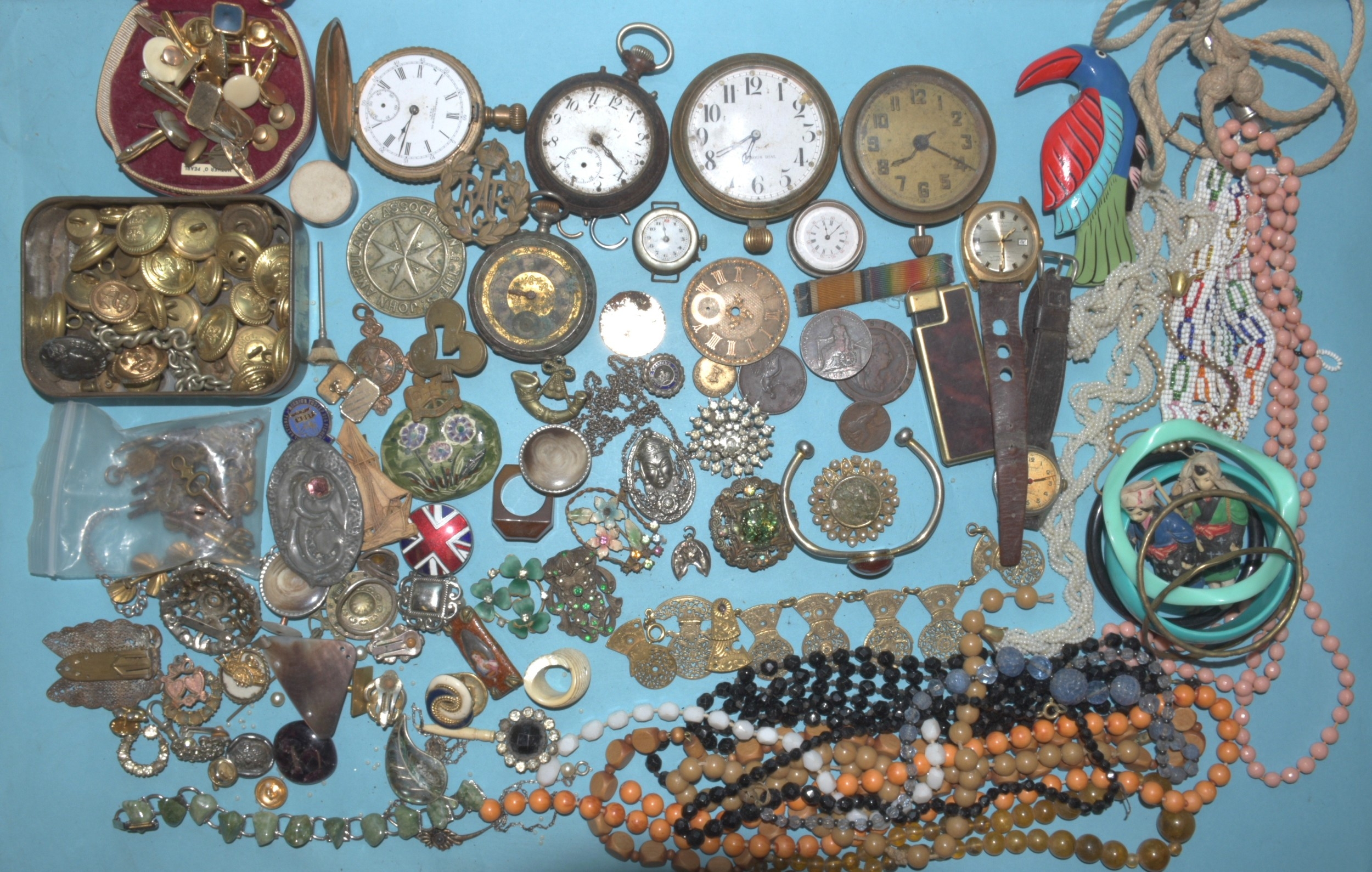A quantity of watches, watch parts, naval and army buttons, costume ...