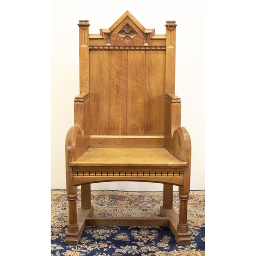 Victorian Gothic oak throne type chair, planked back with angular ...