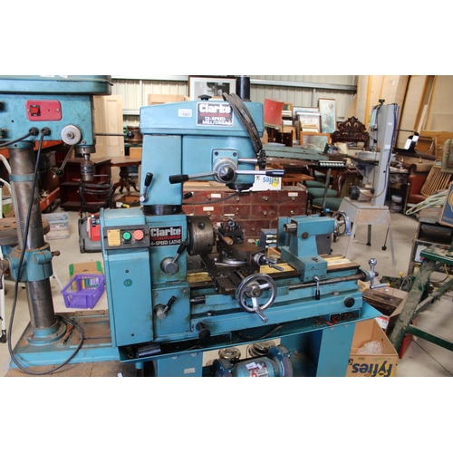 Clarke metalworker 6 speed lathe with Clarke 12 speed mill drill incorporated. mounted on Clarke ben