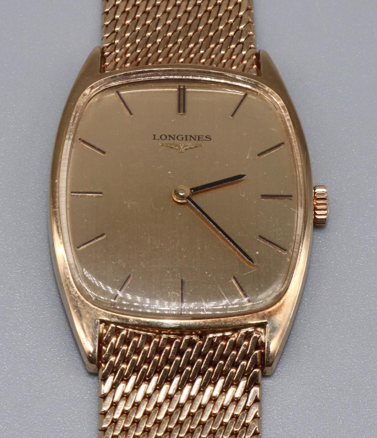 Longines 9ct gold wristwatch on integrated hallmarked Milanese bracelet ...