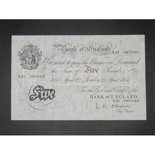 Bank of England 'White' £5 note 1955, signed O'Brien, serial no. Z53 ...