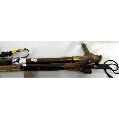 Antler-handled walking stick with brass mounts and rubber end, a hand ...